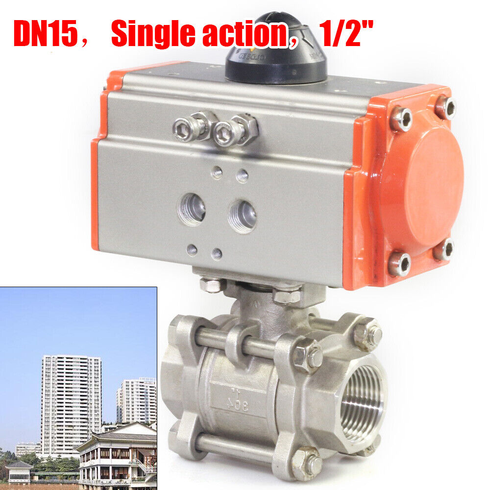 1/2" 3-Piece Pneumatic Air Actuated Ball VALVES Single Acting Spring ...