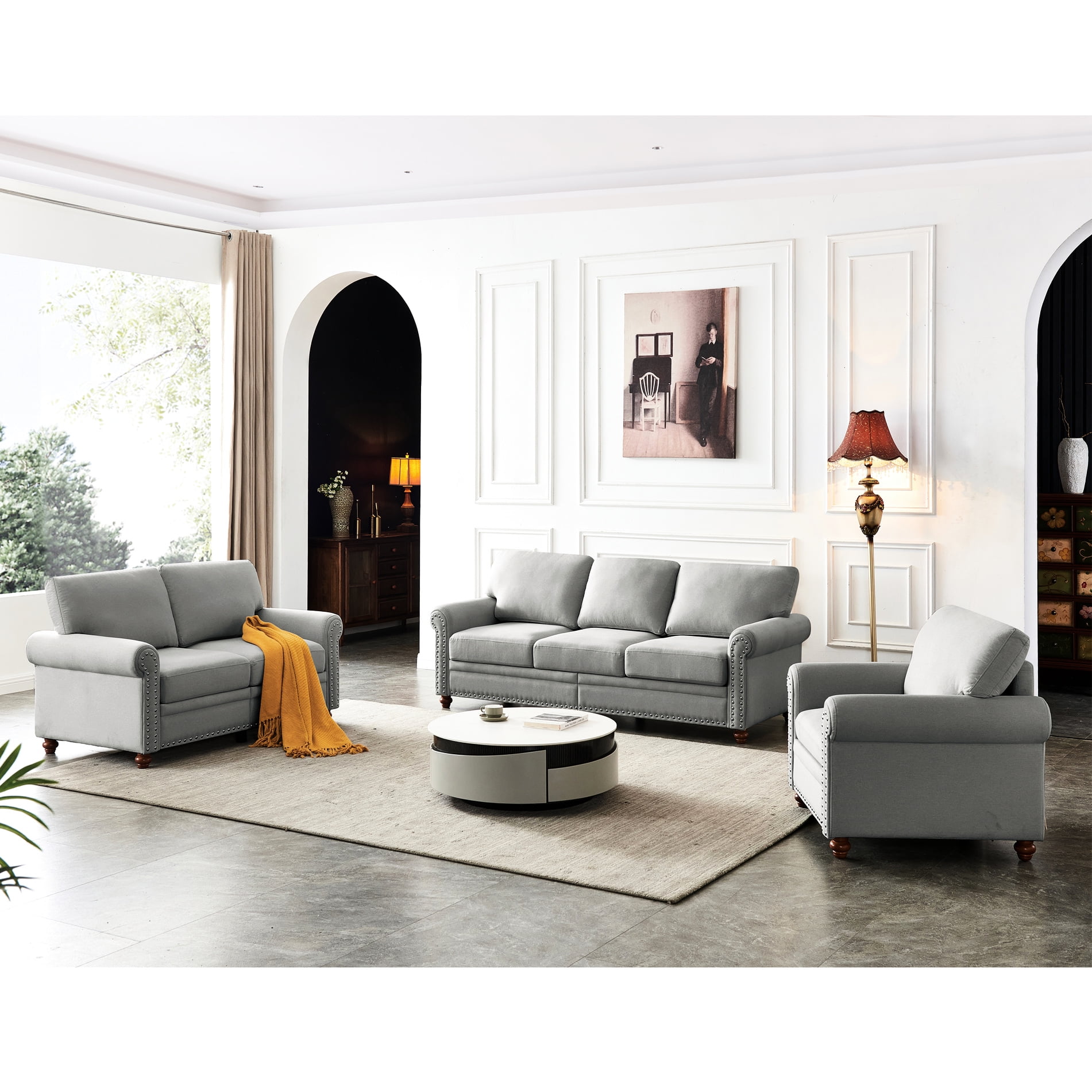 1+2+3 Sectional With Storage In Grey Linen Fabric - Solid Wood & Metal ...