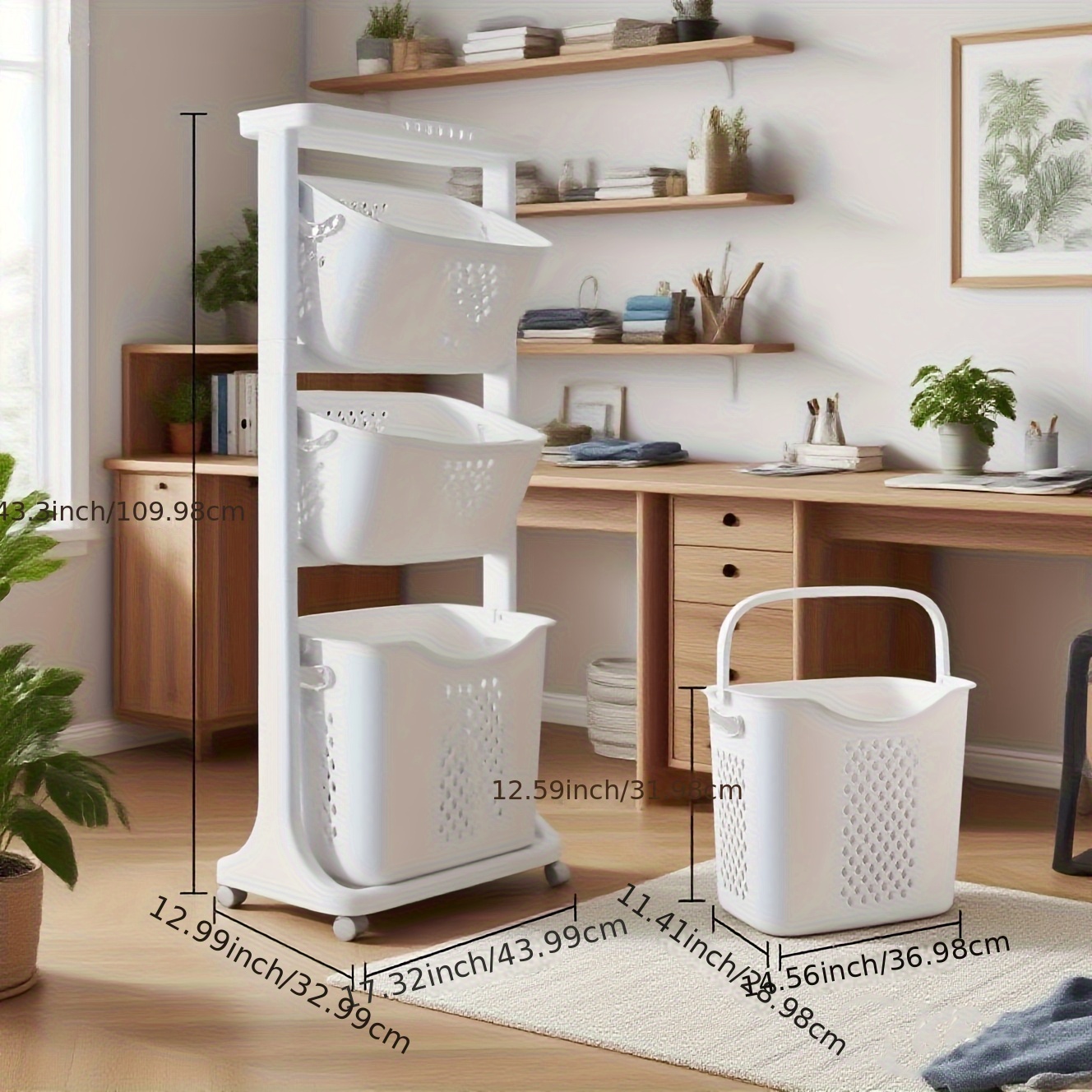 1/2/3-Tier Heavy-Duty Plastic Rolling Laundry Basket Cart - Removable ...