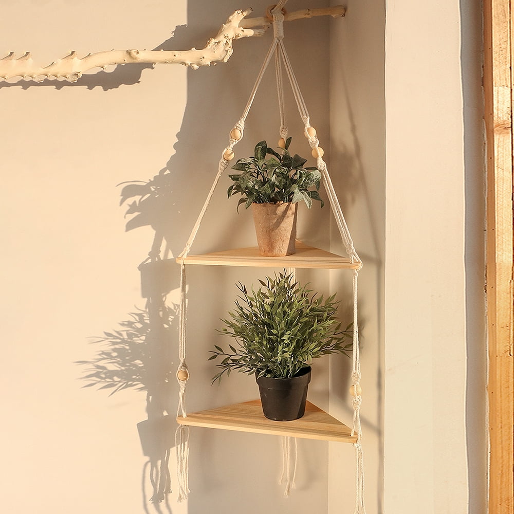 1/2/3-tier Floating Wall Shelf Wood Triangle Corner Display Stand Boho ...