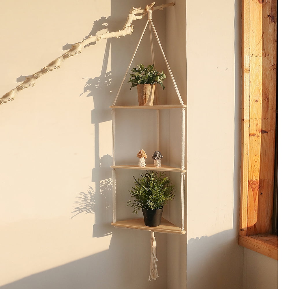 1/2/3-tier Floating Wall Shelf Wood Triangle Corner Display Stand Boho ...