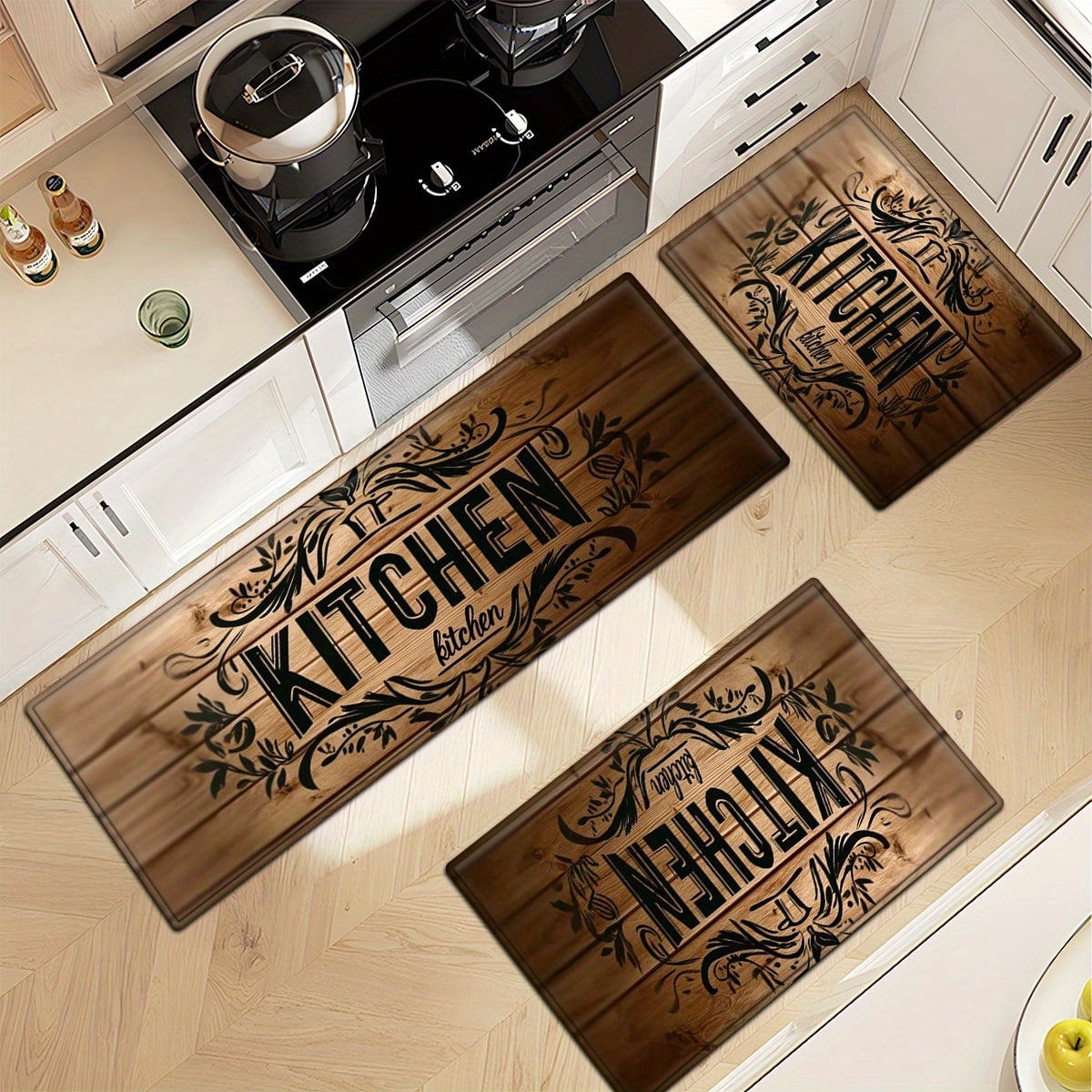 1/2/3Pcs Retro Country Style Kitchen Mat Set, Soft Flannel Plant Vine ...