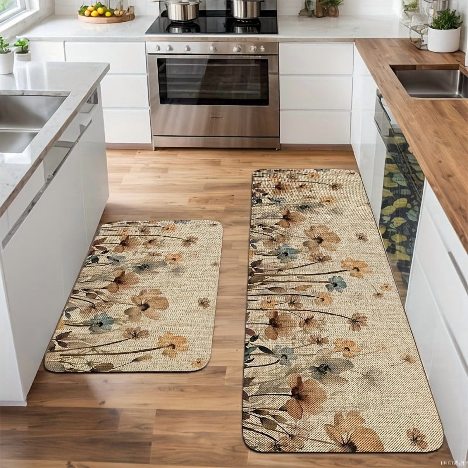 1/2/3Pcs Summer Brown Mosaic Kitchen Mat Set, Simple Floral Flannel ...