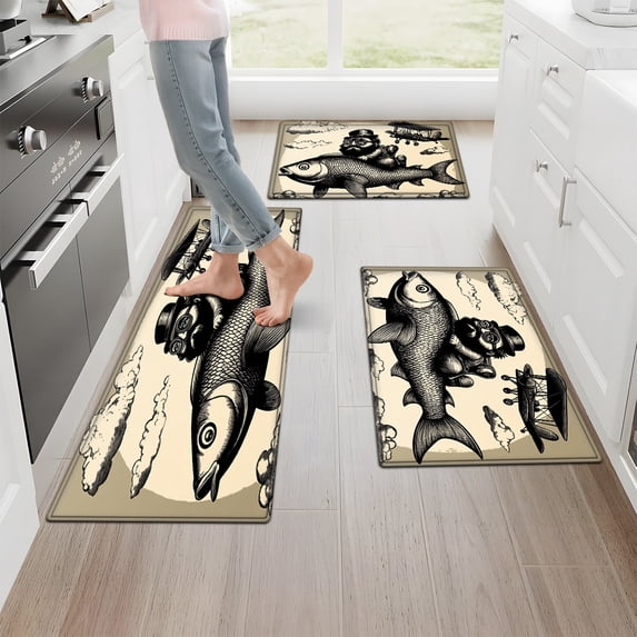 1/2/3pcs Cloud Fish Plane Flannel Soft Kitchen Rugs Non Slip Washable ...