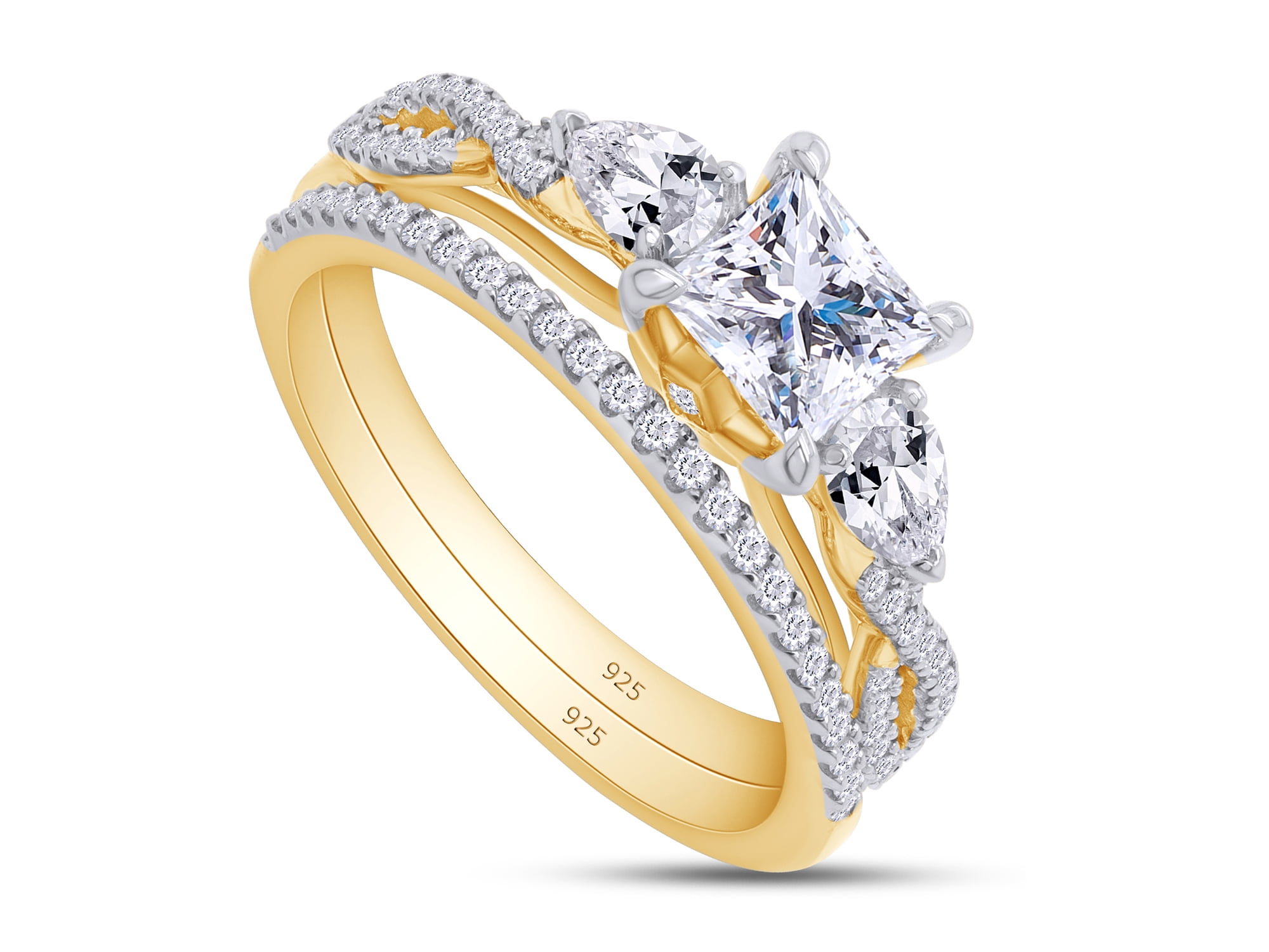 AFFY 1.40CT Princess & Pear Moissanite Diamond 3-Stone Bridal Set Ring ...