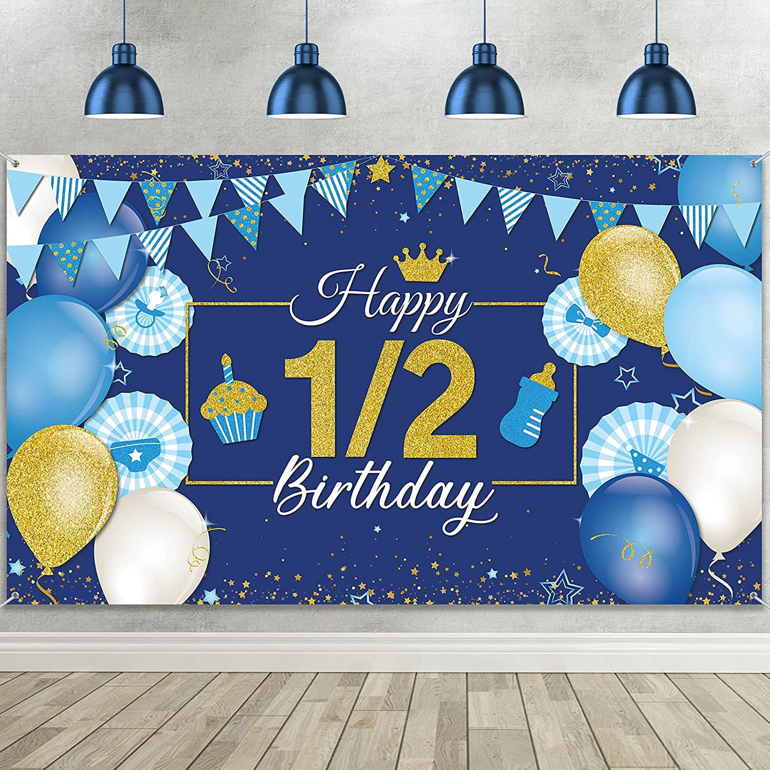 1/2 Birthday Decoration Backdrop Blue and Gold Half Birthday Banner 6 ...