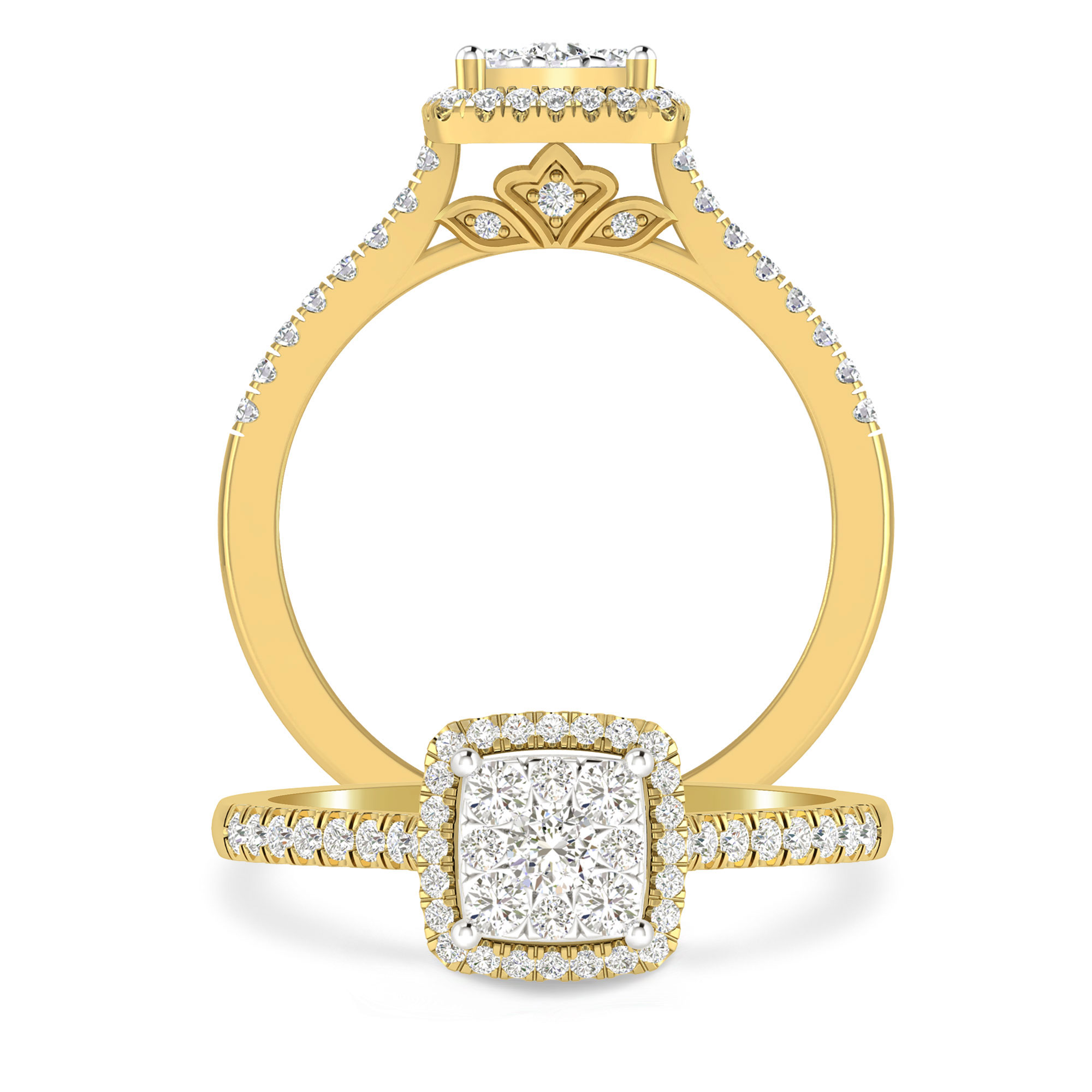 1/2 Carat 14K Yellow Gold Diamond Cushion Shape Halo Engagement Ring ...