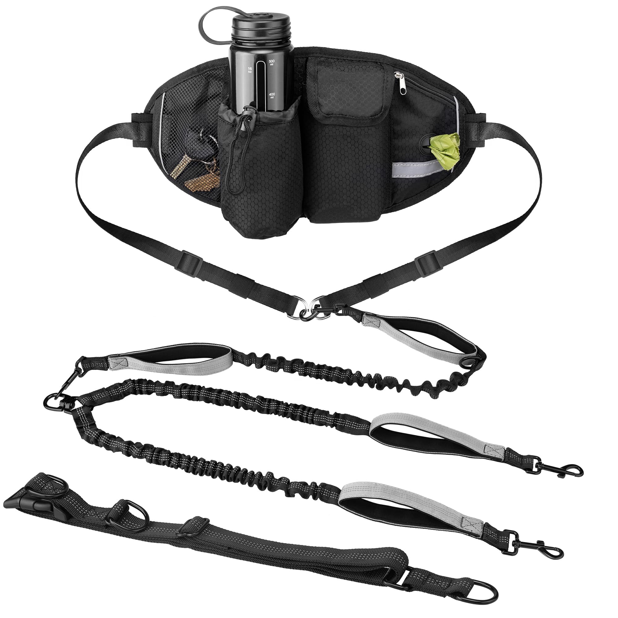 1 to 2 Dog Hands Free Leashes + Adjustable Waist Belt Fanny Pack ...