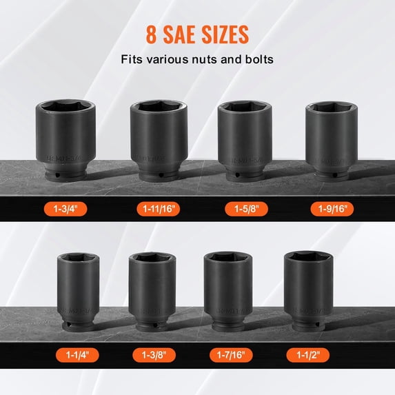 1/2" Drive 8-Piece SAE Axle Nut Impact Socket Set, Deep 6-Point, Heavy ...