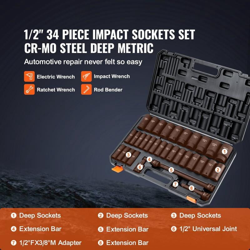 1/2" Drive Deep Impact Socket Set, 34pcs Cr-MO Alloy Steel Socket Set ...