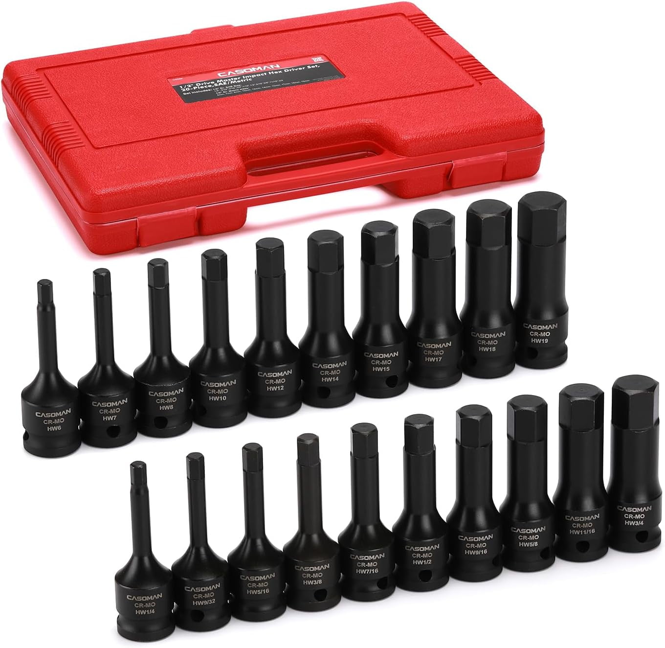 1/2" Drive Master Hex Bit Set, SAE/Metric, 6mm-19mm, Cr-Mo Steel, Grade ...