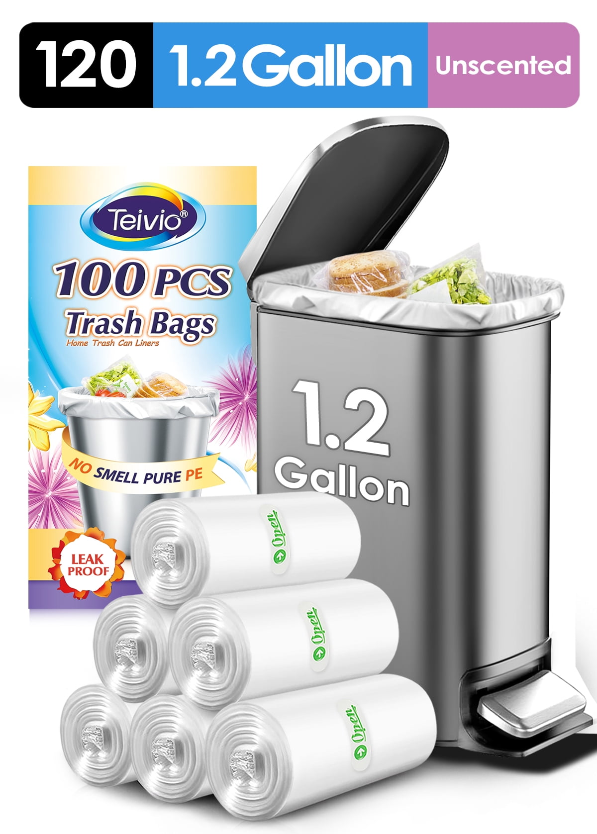 Teivio 1.2 Gallon 120 Count Clear Trash Bags, Leakproof Small Waste ...