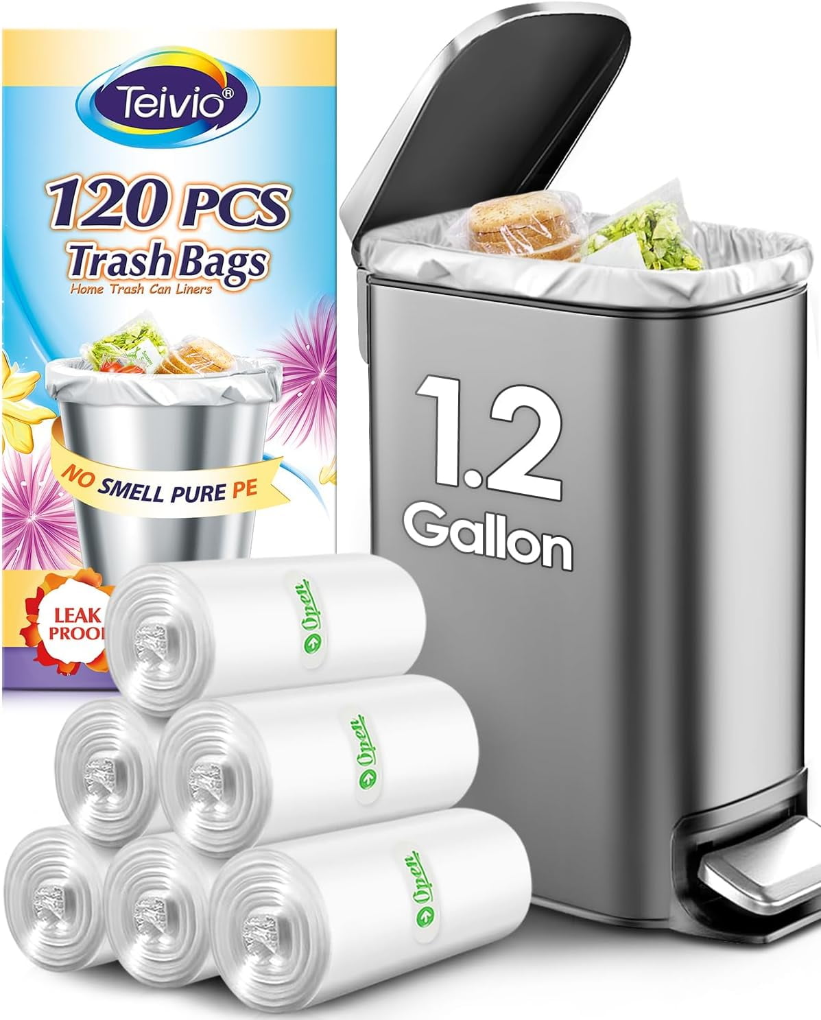 Teivio 1.2 Gallon 120 Count Clear Trash Bags, Leakproof Small Waste ...