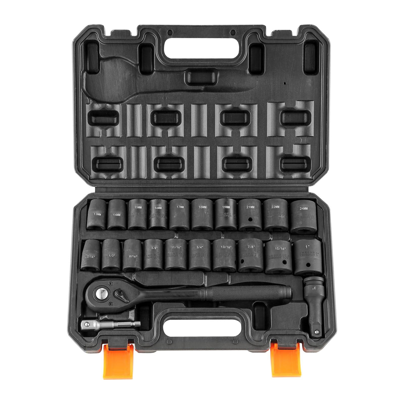 1/2" Impact Socket Set 23PC - Cr-V Alloy Steel, High Torque, Laser-Etched Markings, Metal ...