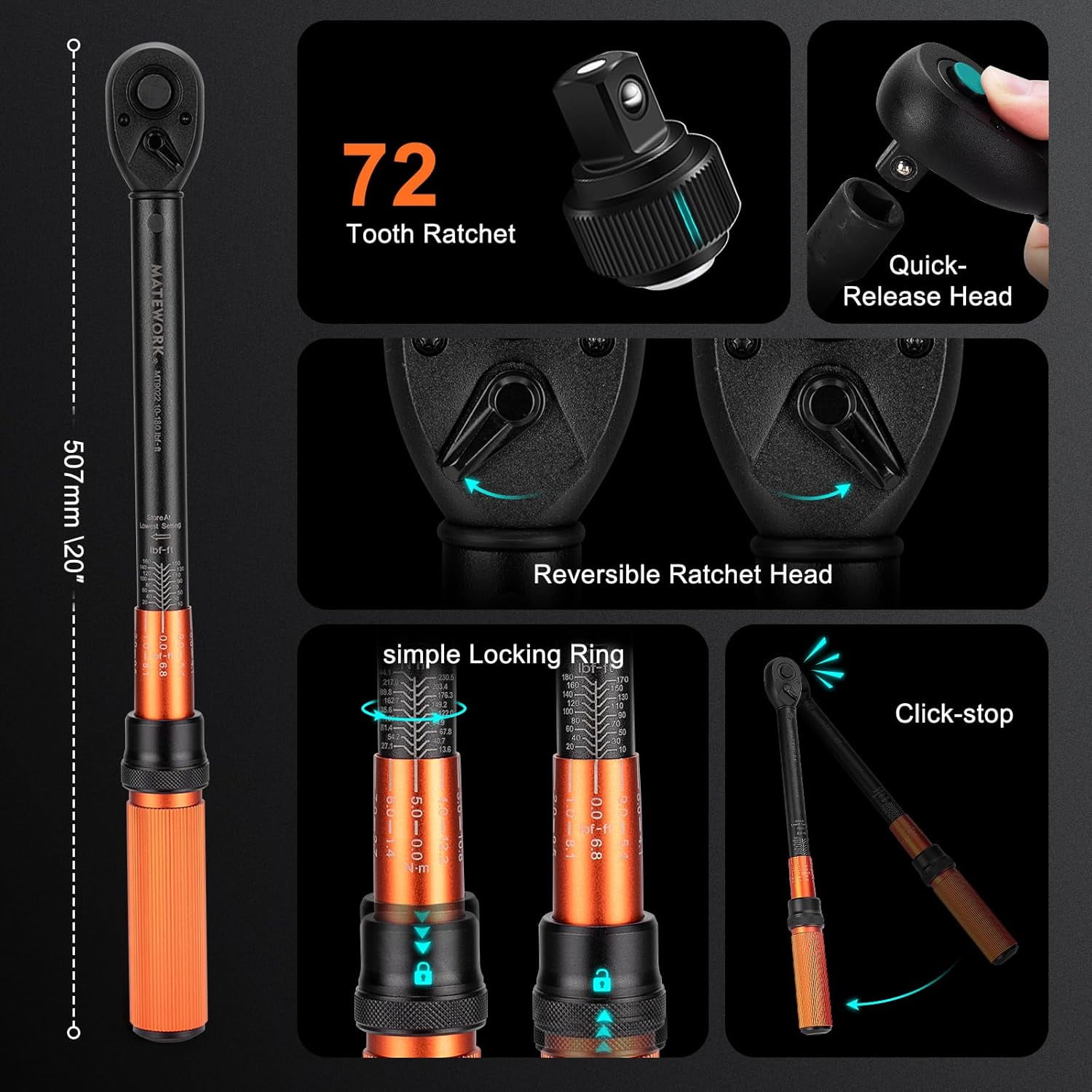 1/2-Inch Drive Torque Wrench Set 22PCS, 10-180FT.LB/13.6-244.1Nm, Click ...