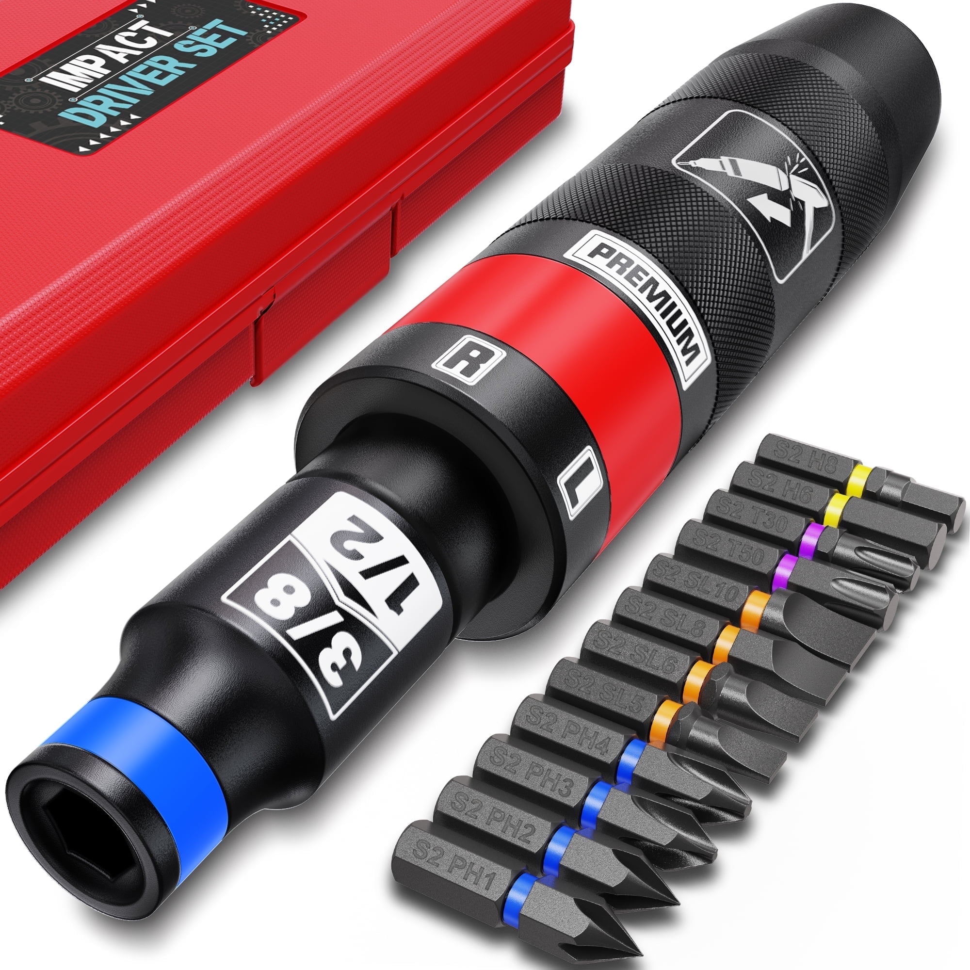 1/2" Hand Manual Reversible Impact Driver Set, 13 PCS Impact Screwdriver Kit, S2 Steel Bits ...