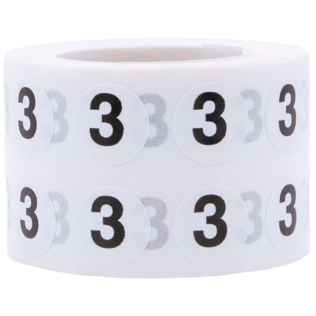 1/2" Inch Number 3 Stickers, Semi-Gloss White Round Labels with Black ...
