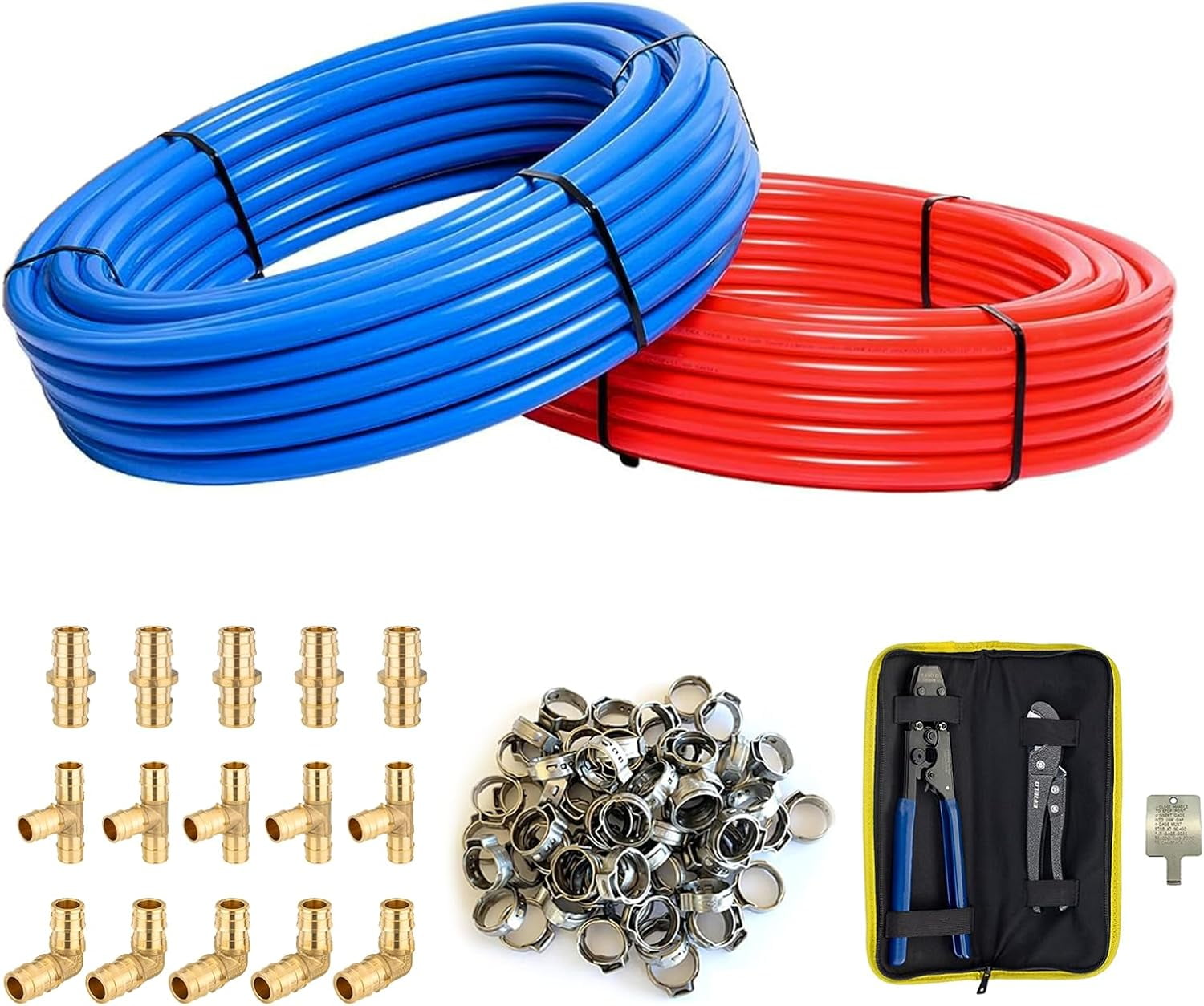 1/2 Inch PEX-B Pipe, 2x100FT Pex B Tubing with 1/2" 30PCs Brass Pex Fittings and 100PCs Cinch ...