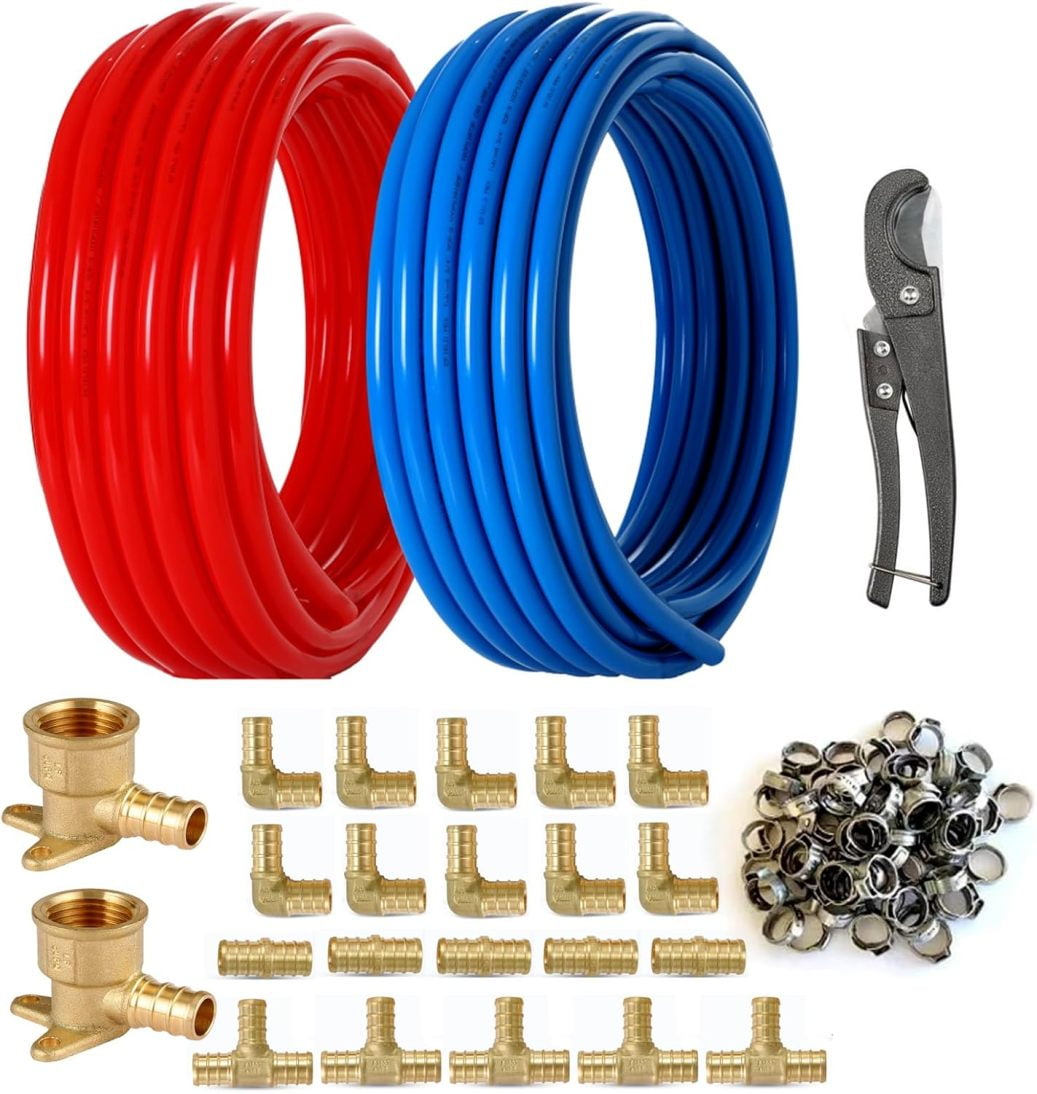 1/2 Inch PEX-B Pipe/Tool Kit: Blue & Red Each 100 Feet PEX Tubing with 62 Pack PEX Fittings - 40 ...