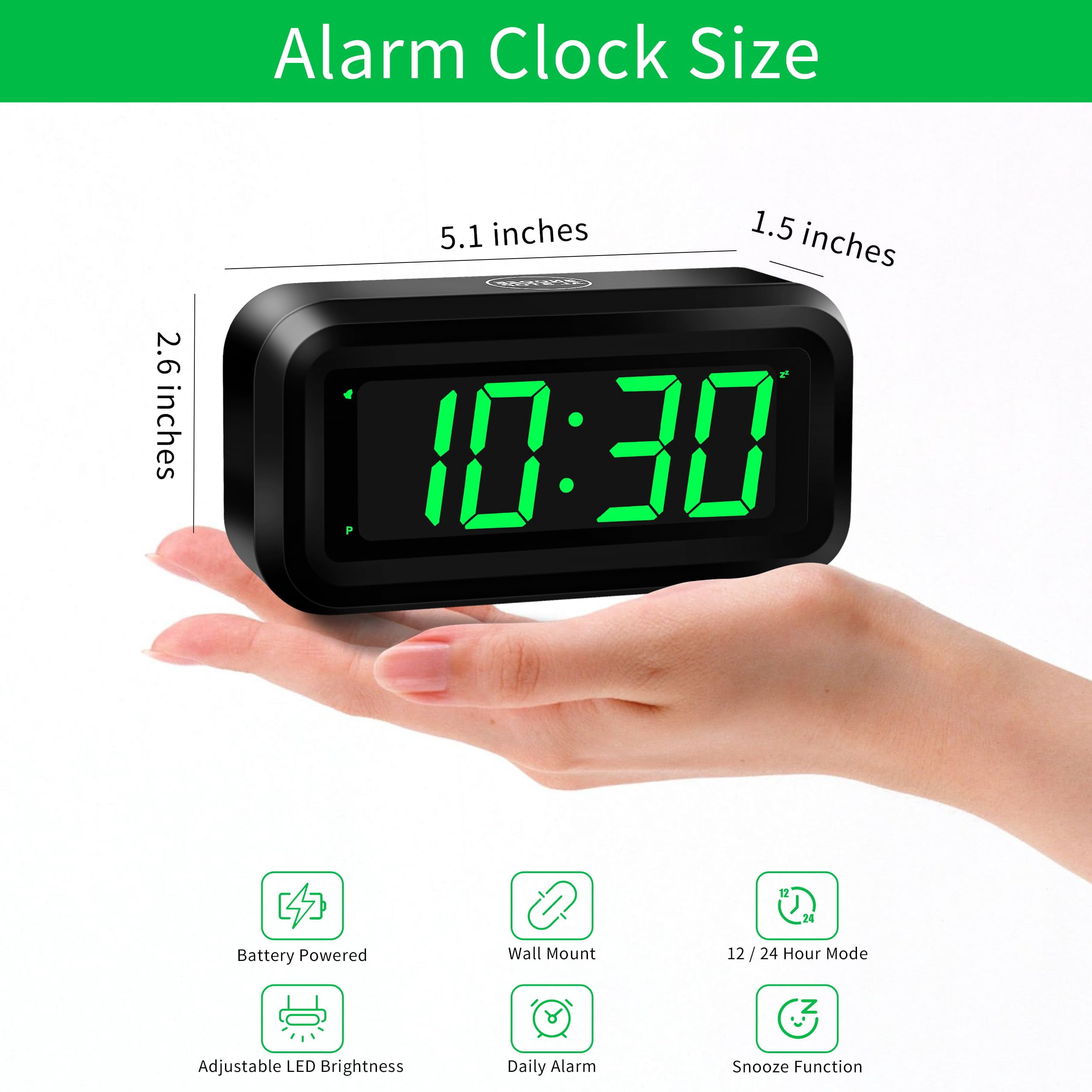 1.2 Inch Small Digital Alarm Clock Green Led Display With Adjustable ...