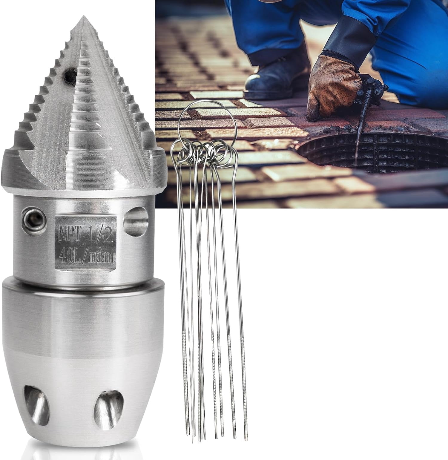 1/2 NPT, 40 L/min Sewer Jetter Rotating Nozzle - Stainless , Drain Pipe ...