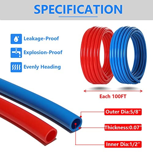 1/2" PEX-B Pipe Kit, 200ft Blue & Red PEX Tubing, 15 Brass Fittings, 50 ...