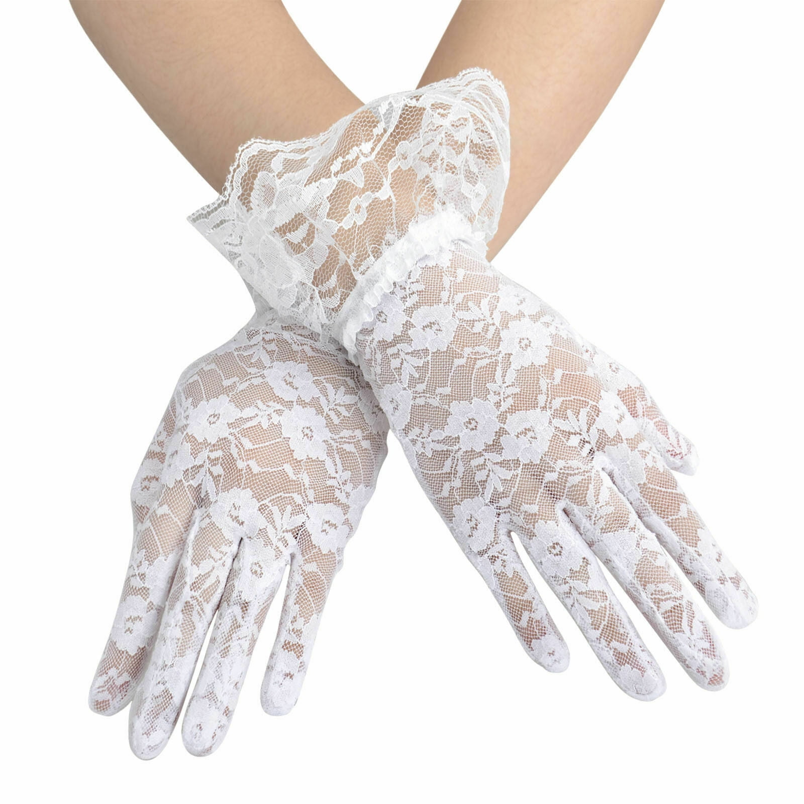 1-2 Pairs Sexy Lace Wrist Length Gloves w/ Ruffle Bride Wedding Prom ...