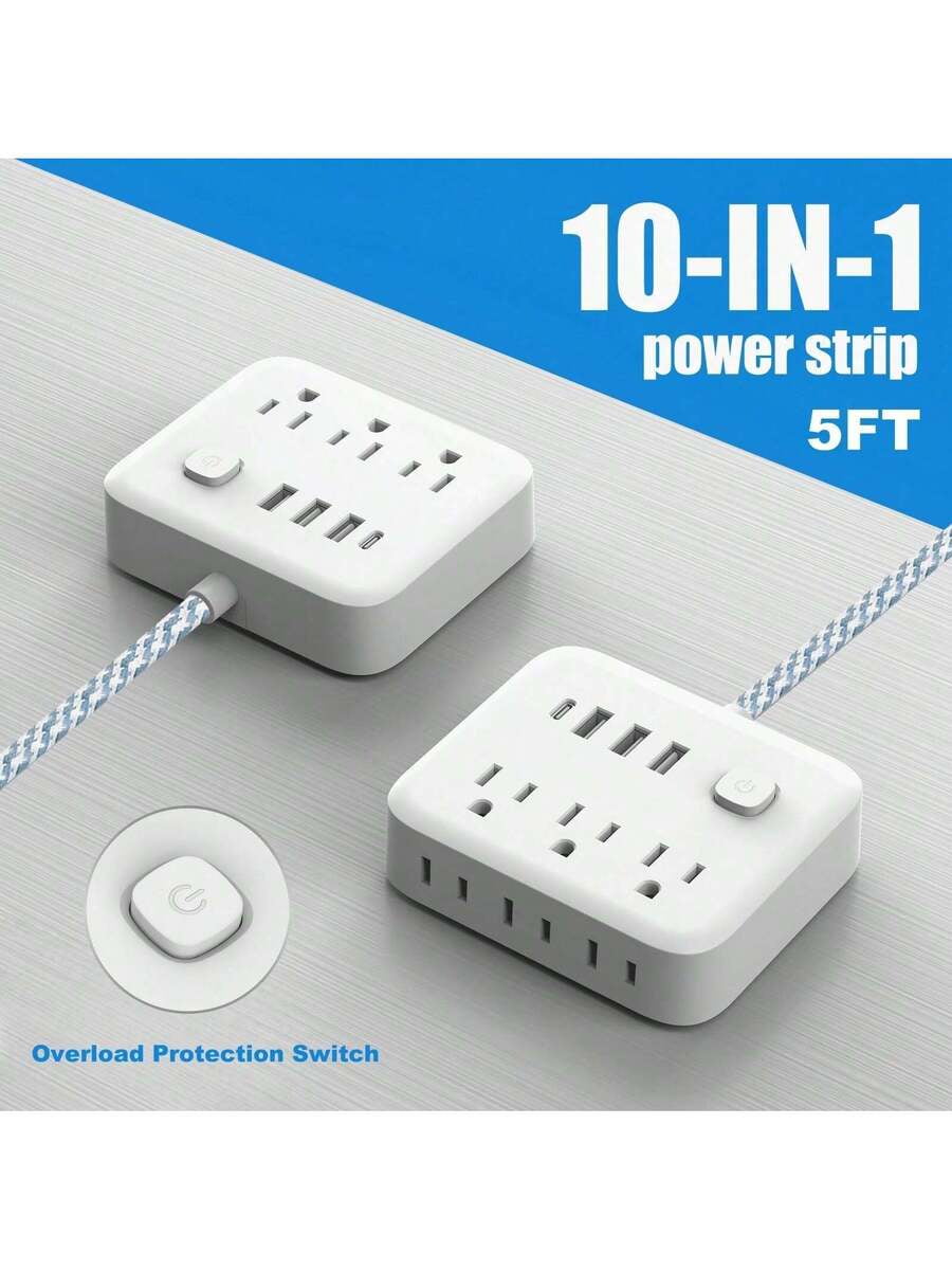 1/2 Pc 10-in-1 Compact Surge Protector Power Strip, 5ft Flat Plug, 6 AC ...