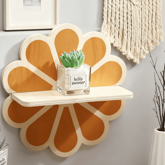 1/2 Pcs Boho Wooden Floral Wall Shelf, Pre-Drilled Floating Shelf with ...