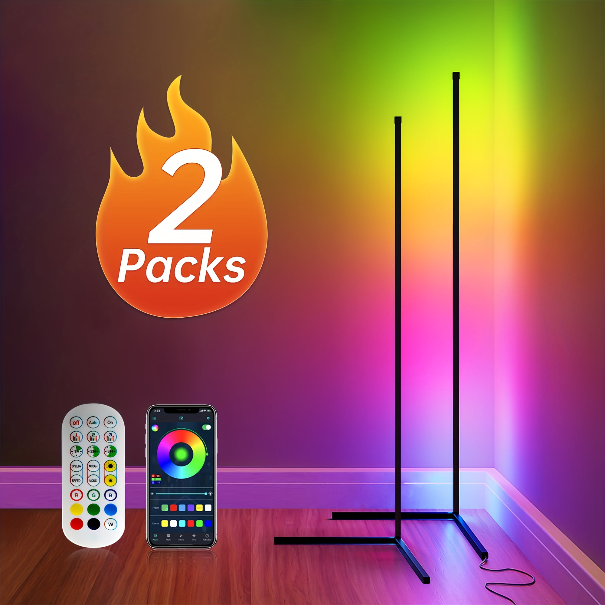1/2 Set RGB LED Corner Floor Lamp 16M Colors Music Sync APP Remote ...