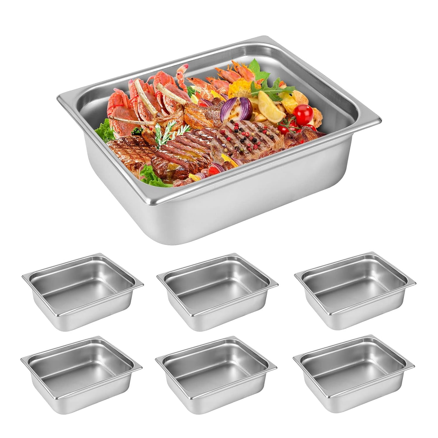 1/2 Size Hotel Pan 6 Packs, 4" Deep 304 Stainless Steel Steam Table Pan ...