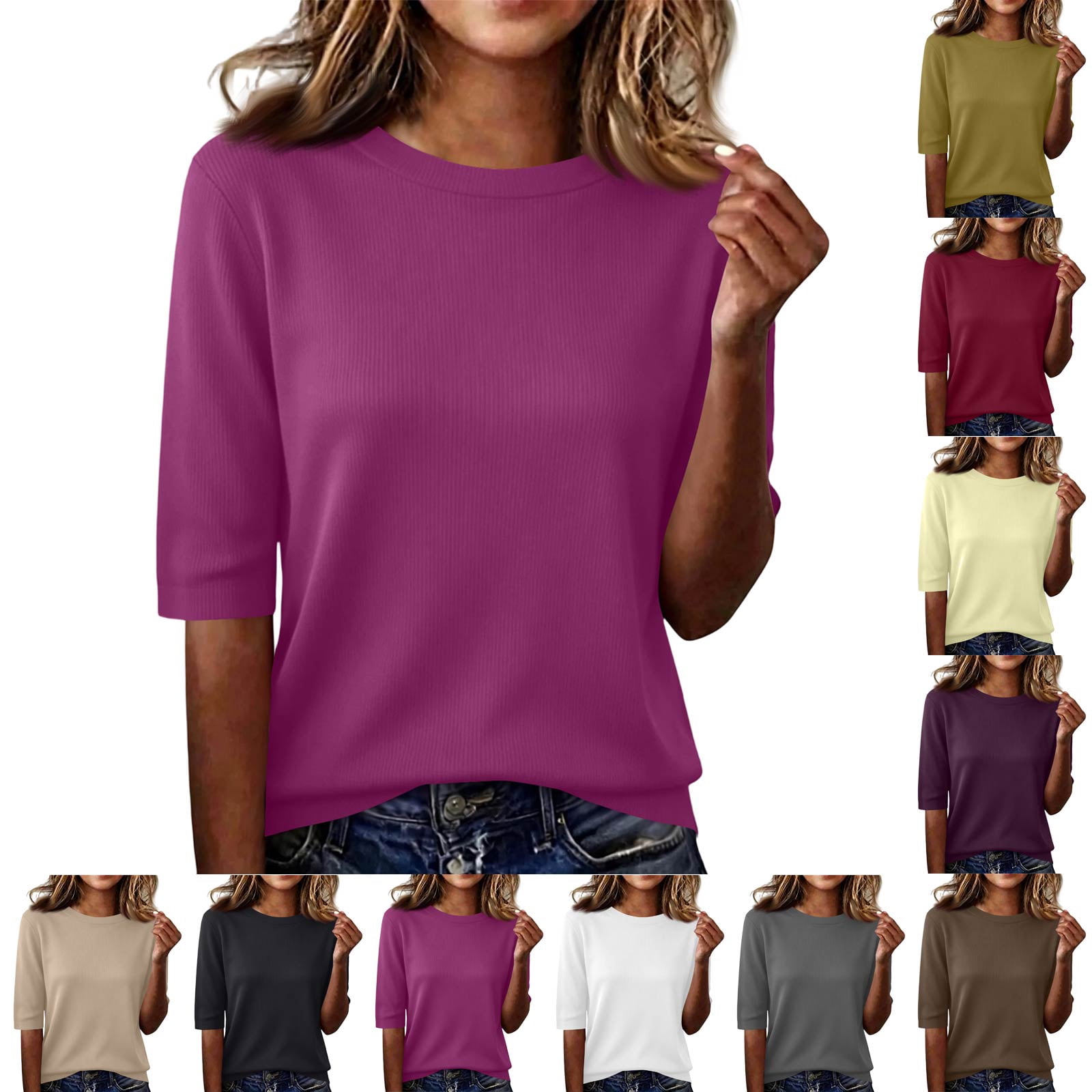 1/2 Sleeve Tops for Women Elbow Length Crew Neck Loose Blouse Summer ...