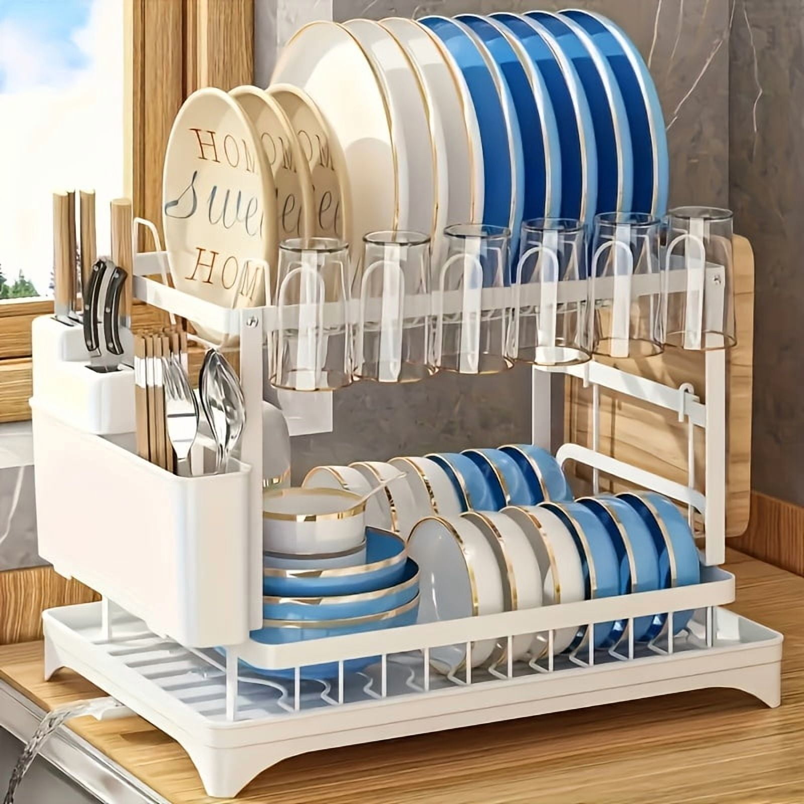1/2 Tier Large Dish Drying Rack - Kitchen Counter Dish Drainer with ...