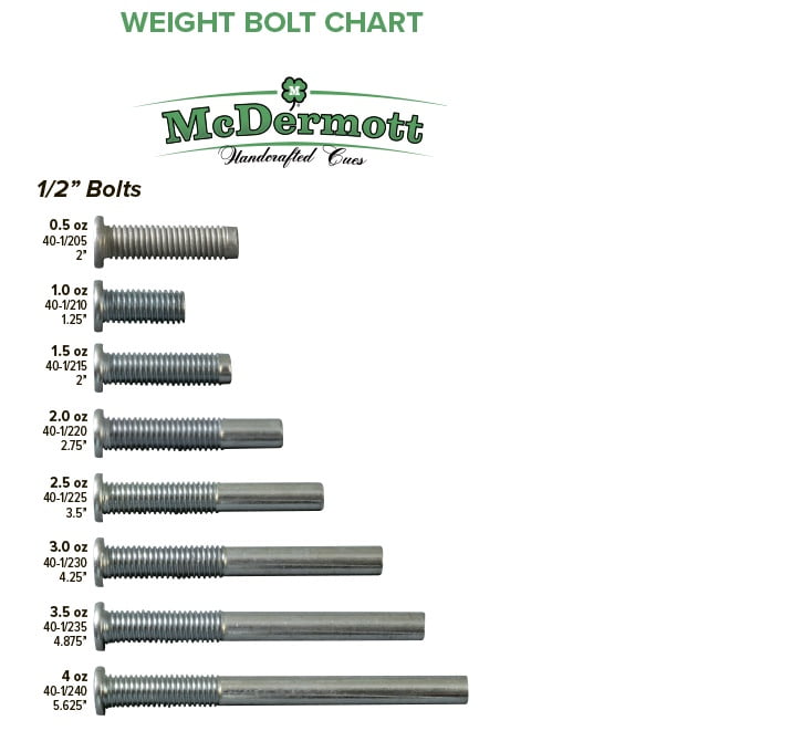 1/2" Weight Bolt for McDermott, Star, Lucky Billiard Pool Cue 1 oz ...