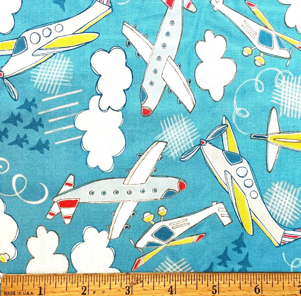 1/2 Yard - Airplanes Planes & Helicopters on Blue Cotton Fabric (Great ...