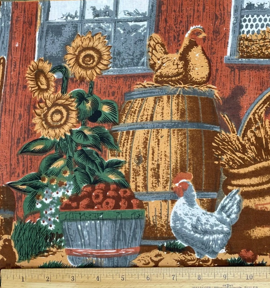 1/2 Yard - Barnyard Chickens Barn Scenic Cotton Fabric (Great for ...
