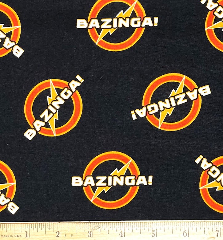 1/2 Yard - Big Bang Theory Bazinga Sheldon on Black Cotton Fabric ...