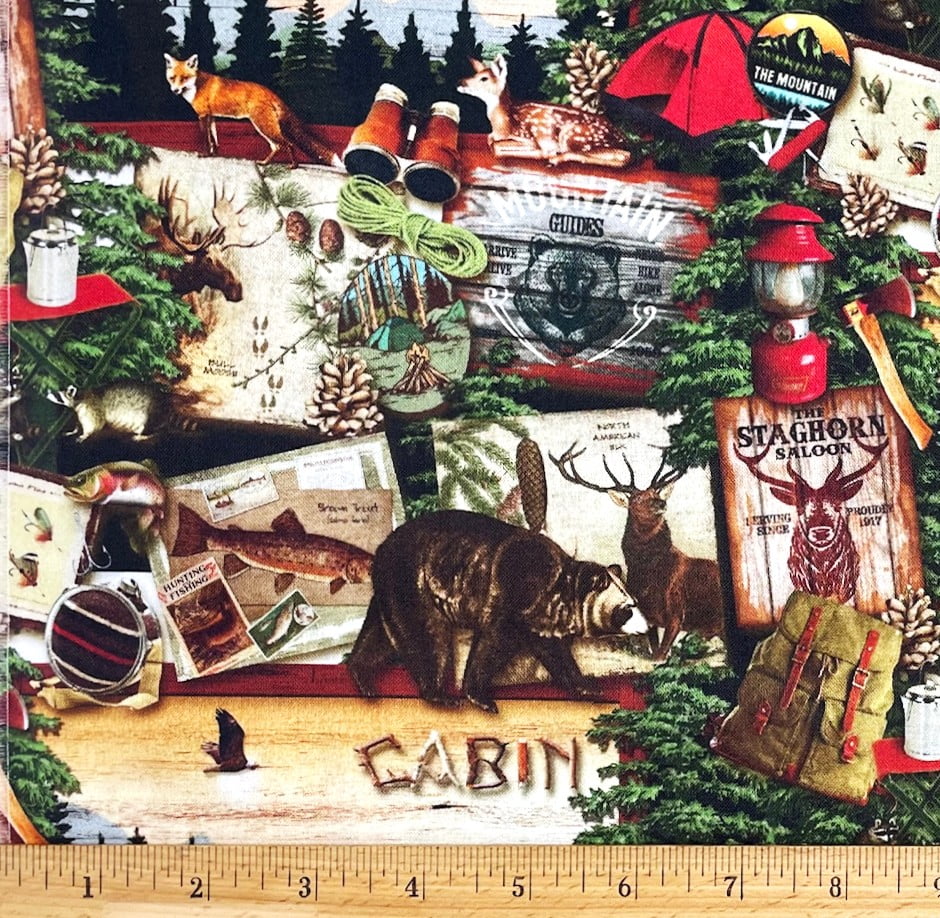 1/2 Yard - Cabin Camping Hunting Bears & Fox Scenic Cotton Fabric ...