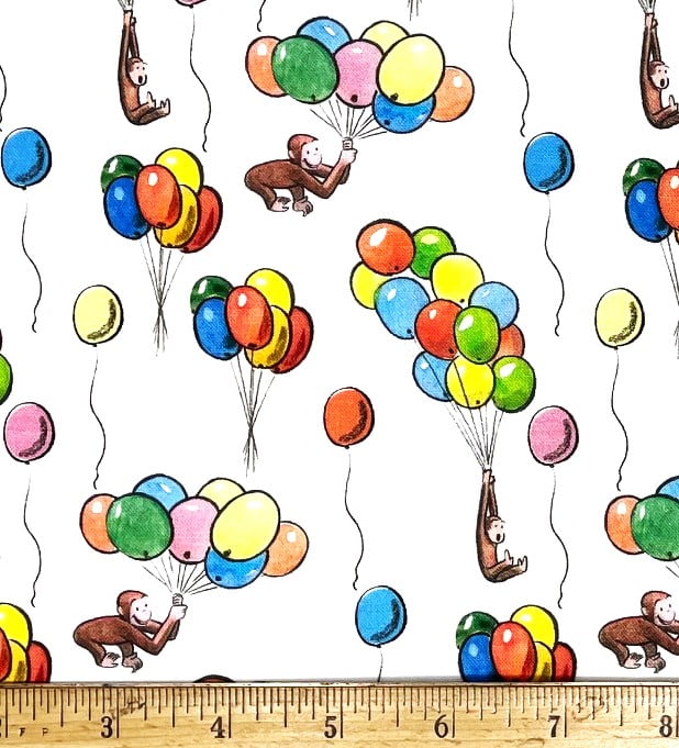 1/2 Yard - Curious George Monkey & Balloons on White Cotton Fabric ...