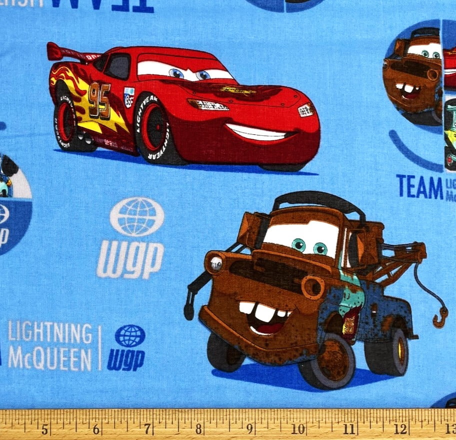 1/2 Yard - Disney Cars Lightning McQueen & Mater on Blue Cotton Fabric ...