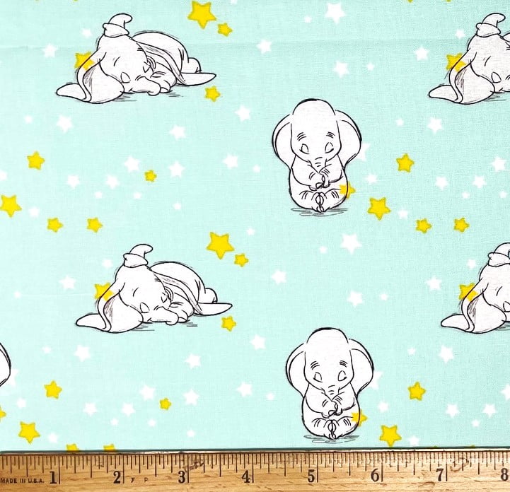 1/2 Yard - Disney Dumbo the Baby Elephant & Stars on Light Green Cotton ...
