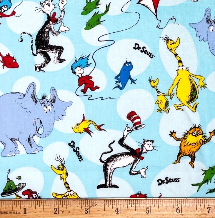 1/2 Yard - Dr Seuss Cat in the Hat Lorax Grinch & More on Blue Cotton ...