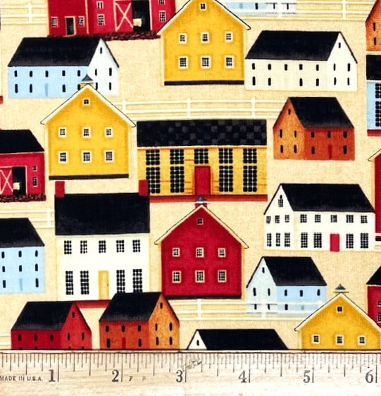 1/2 Yard - Farm Houses & Barns on Tan Cotton Fabric (Great for Quilting ...