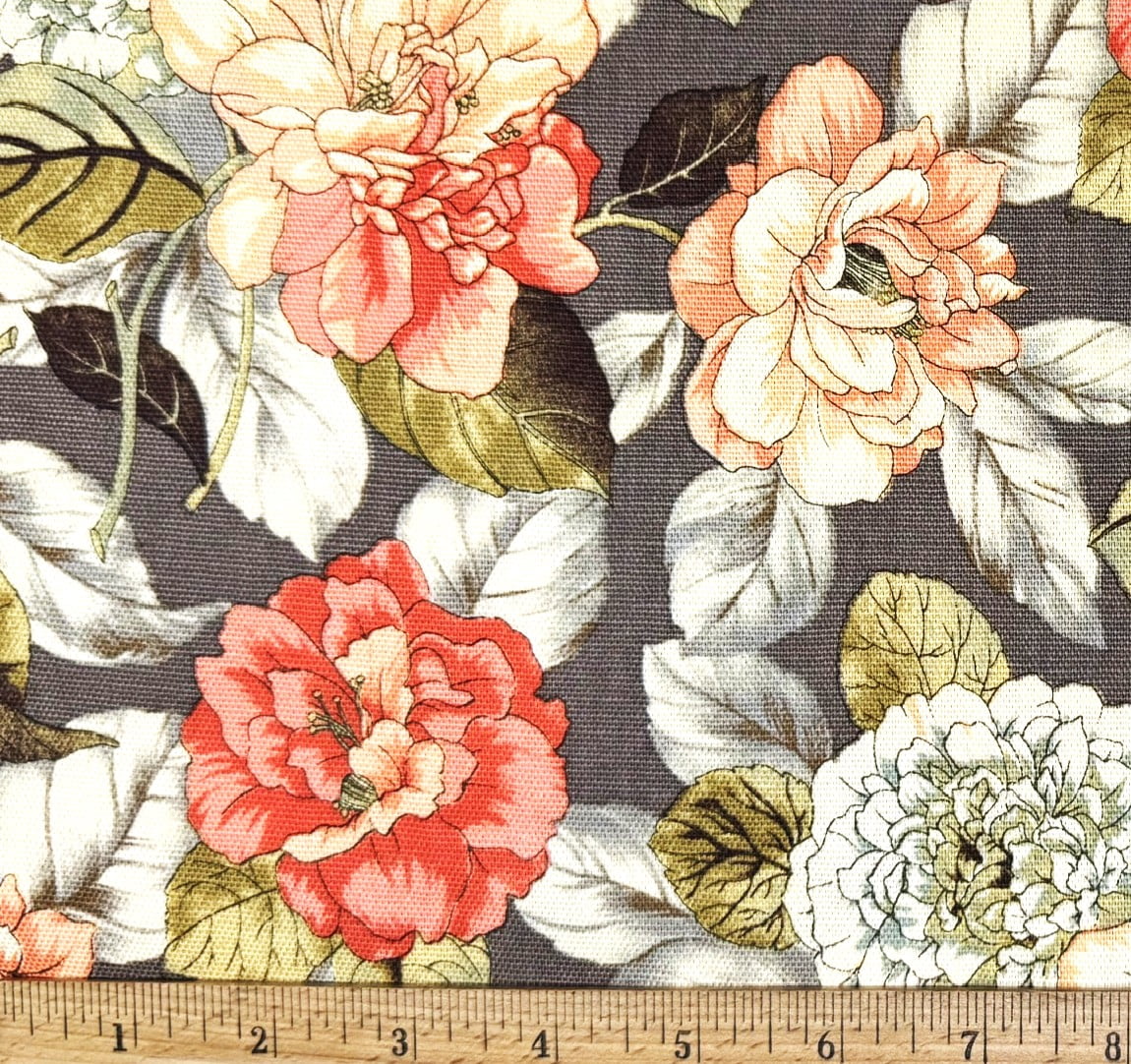 1/2 Yard - Floral Flowers Pink Peach & Blue on Cocoa Brown Screen Print ...