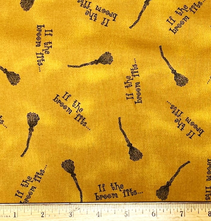1/2 Yard - Halloween Witches Broom "If the Broom Fits..." on Gold ...