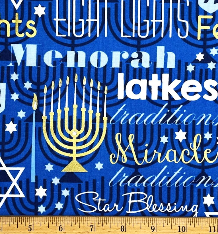 1/2 Yard - Hanukkah Jewish Festival of Lights Menorah on Blue Cotton ...