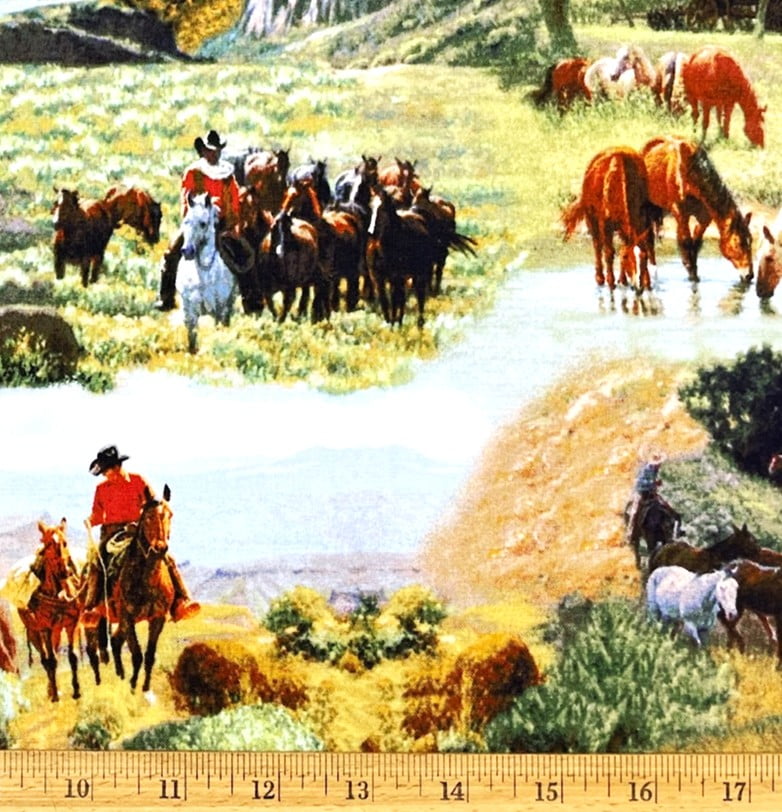 1/2 Yard - Horses & Cowboy Western Scenic Cotton Fabric (Great for ...
