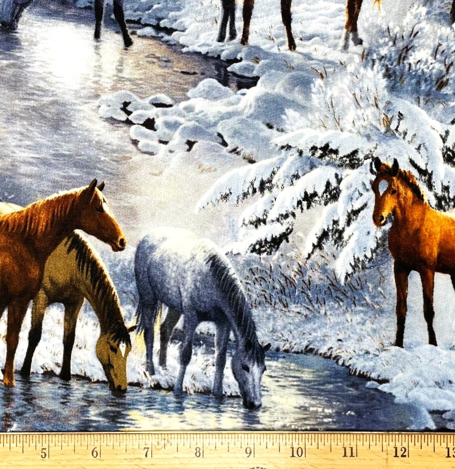 1/2 Yard - Horses & Pony Snowy Scene Cotton Fabric (Great for Quilting ...