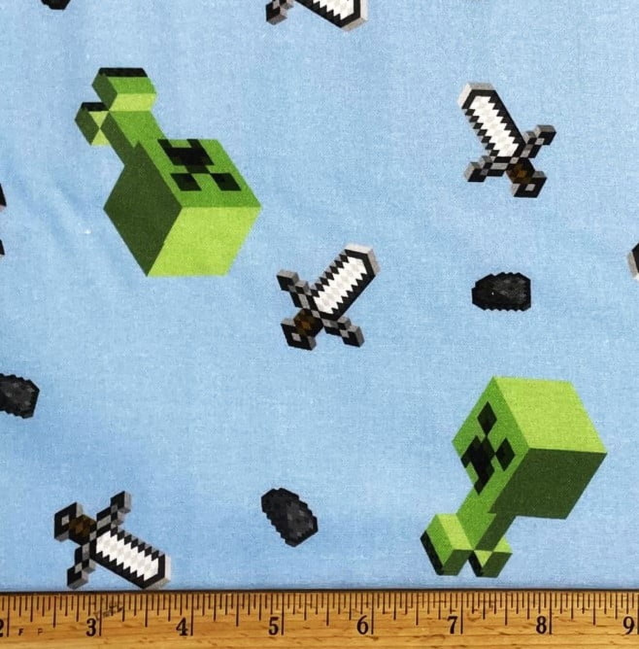 1/2 Yard - Minecraft Video Game Creepers & Swords on Blue Cotton Fabric ...