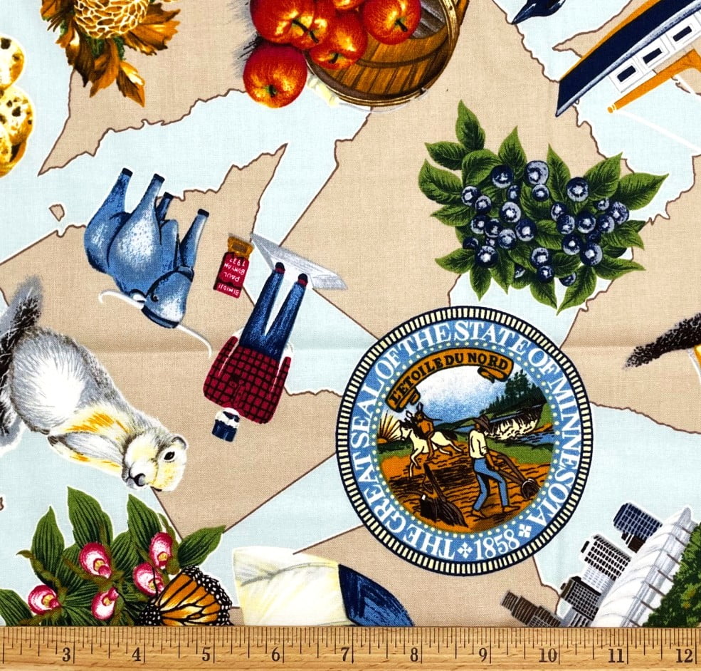 1/2 Yard - Minnesota Boating Fishing Wildlife & City Life on Tan Cotton ...